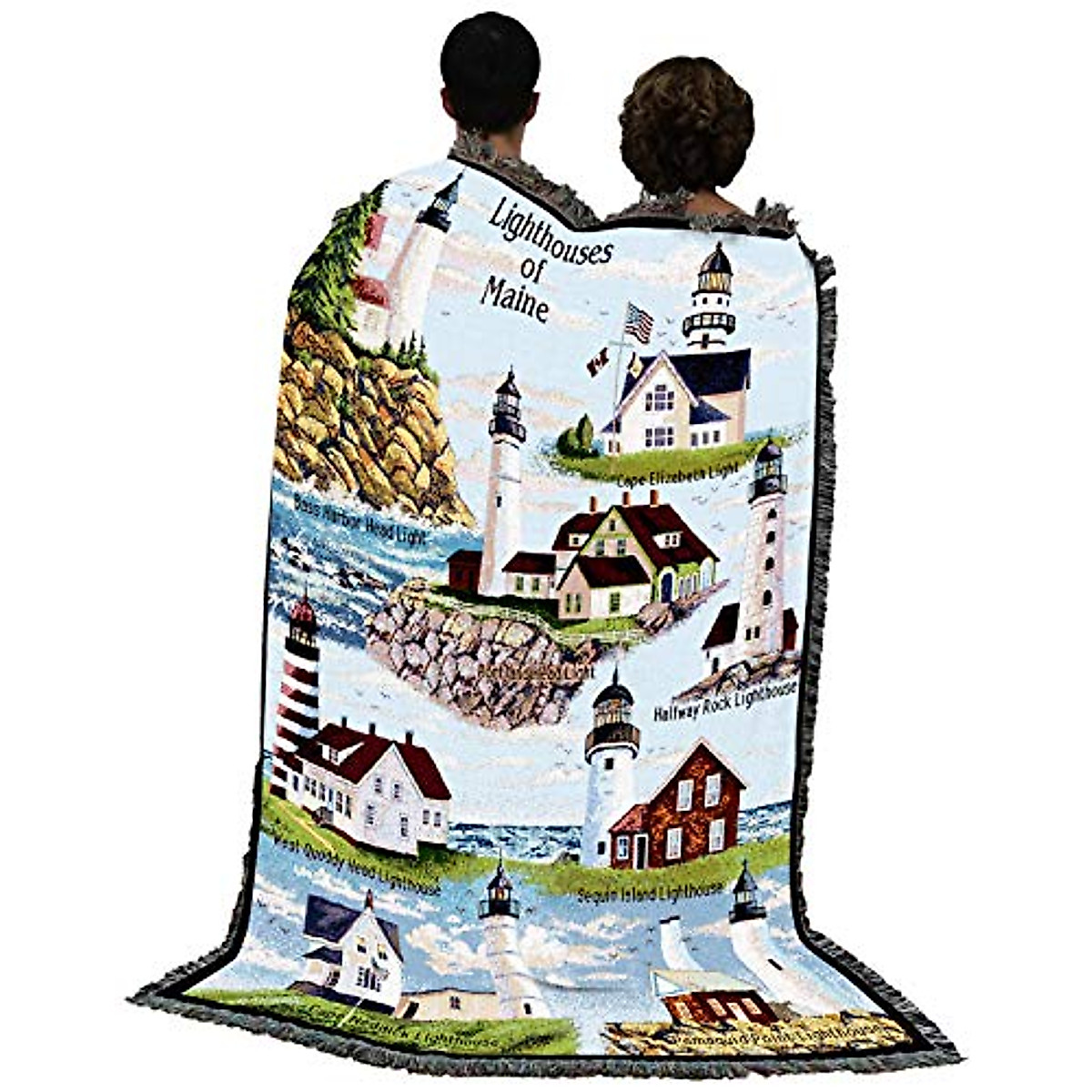 Lighthouses of Maine Blanket - Bass Harbor Cape Elizabeth Halfway Rock Sequin Neddick West Quoddy Portland Pemaquid - Coastal Ocean Gift Tapestry Throw Woven from Cotton - Made in the USA (72x54)