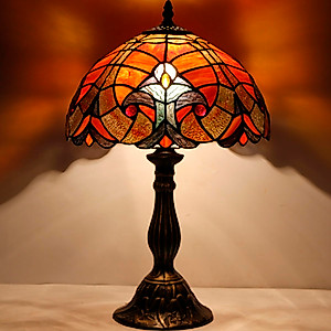 WERFACTORY Tiffany Lamp Red Liaison Stained Glass Table Lamp Desk Bedside Reading Light 12X12X18 Inches Decor Bedroom Living Room Home Office S160R Series