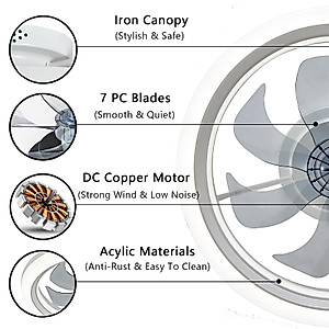 OUREDEEY 20" Modern Ceiling Fan with Light, 6 Speeds & Dimmable, White Flush Mount for Home