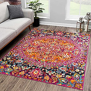 New Marlboro Oriental Bohemian Living Room Bedroom Area Rug - Persian Vintage Medallion Look - Floral Boho Carpet - Bright Colorful - Purple, Red, Orange, Pink - 5'3" x 7'3"