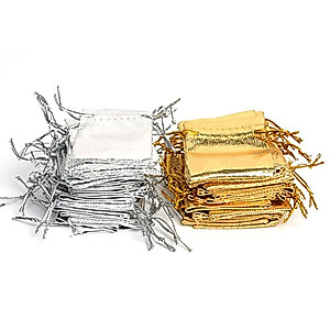 Wudygirl 100 PCS 3X4 inches Drawstring Satin Bags Mixed Gold Silver Jewelry Wedding Party Marbles Coins Pouches Bag (100 pcs Mix Gold Silver)