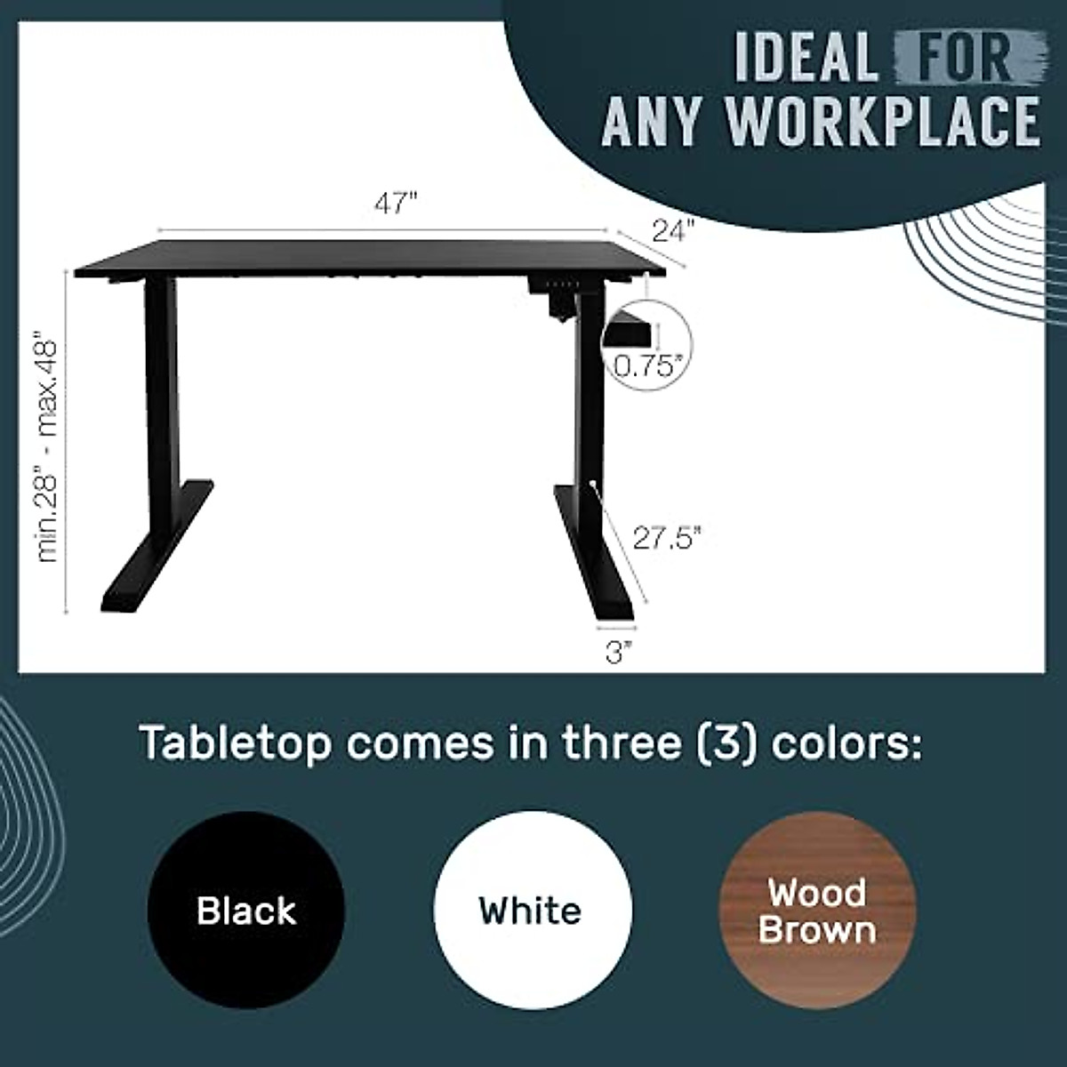 TechOrbits 47 Inch Electric Standing Desk Frame with Tabletop - Motorized Workstation Two Leg Stand Up Desk with Memory Settings and Telescopic Sit Stand Height Adjustment (Black Frame/Wood Brown Top