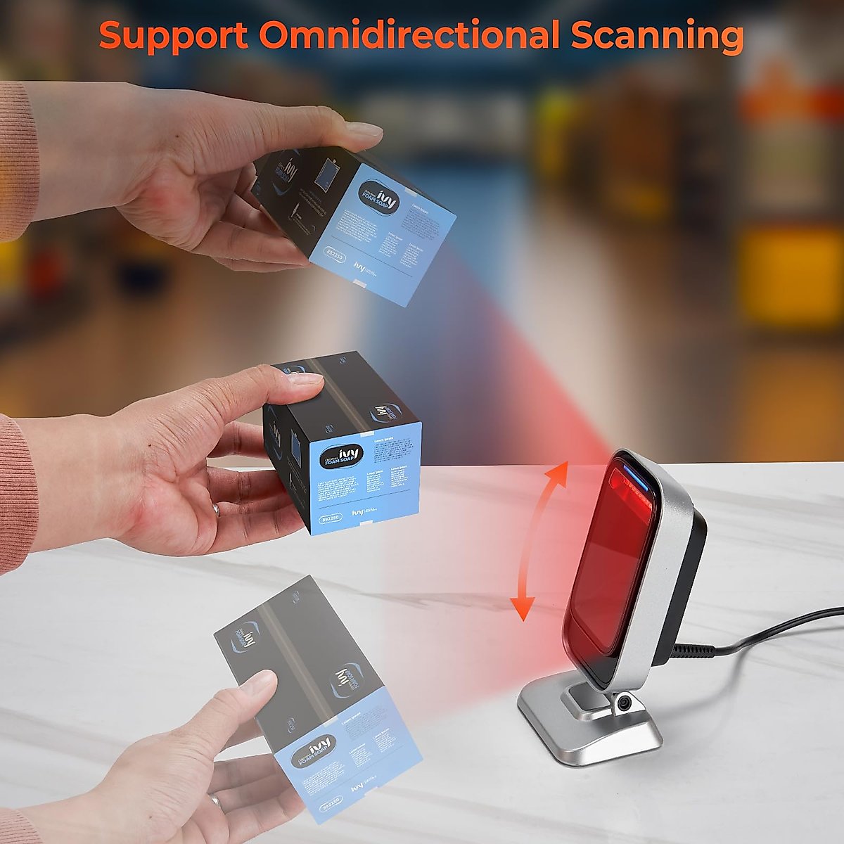 MUNBYN 1D 2D Barcode Scanner IOBC01 Hands-Free Barcode Scanner Omnidirectional PDF417 Data Matrix QR USB Wired Reader, Auto/Manual Destktop Scanner Support Paper/Screen Barcode, Plug & Play