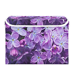 YETTASBIN Lilac Purple Floral Storage Basket with Lid and Handles, Large Collapsible Fabric Storage Bins Sturdy Storage Organizer for Shelves, Closet, Bedroom, School, Office, Home Decor