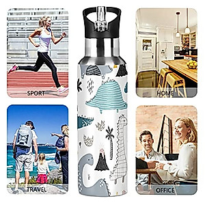 OREZI Dino Scandinavian Style Water Bottle Thermos with Straw Lid for Boys Girls,600 ml,Leakproof Stainless-Steel Sports Bottle for Women Men Teenage