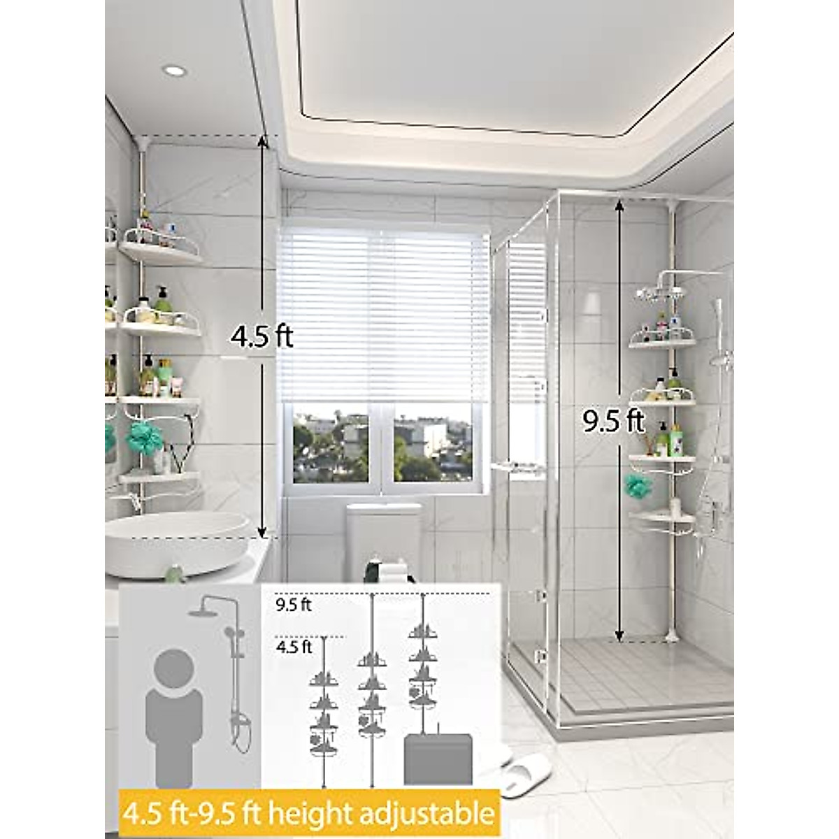 Corner Shower Caddy with Tension Pole and Rustproof Shelves