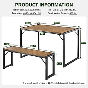 IMUsee 3-Piece 47.2" Dining Table Set for 4-6,Modern Rustic Kitchen Table with Metal Frame and Wood Board,Kitchen & Dining Room Table Set with Benches,Space-Saving Dinette for Small Space,Black&Walnut