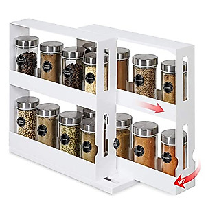 Rotating Spice Rack Plastic Seasoning Spice Jar Rack Storage 2 Tier Pull Out Kitchen Cabinet Organiser Slide Salt Bottle Box Holder Shelf Counter Spice Stand Multi-Function Pantry Door Storage - White
