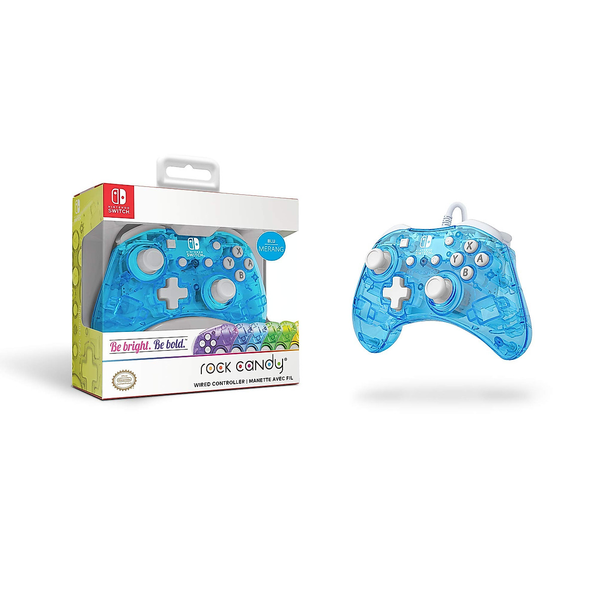 PDP Rock Candy Wired Gaming Switch Pro Controller - Blu-merang Blue / Clear - Licensed by Nintendo - OLED Compatible - Compact, Hard Transparent Plastic Travel Controller - Holiday & Birthday Gifts