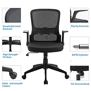 Office Chair, Mesh Computer Desk Chair Mid-Back Ergonomic Adjustable Swivel Chair with Lumbar Support Armrests for Students, Home Office, Black