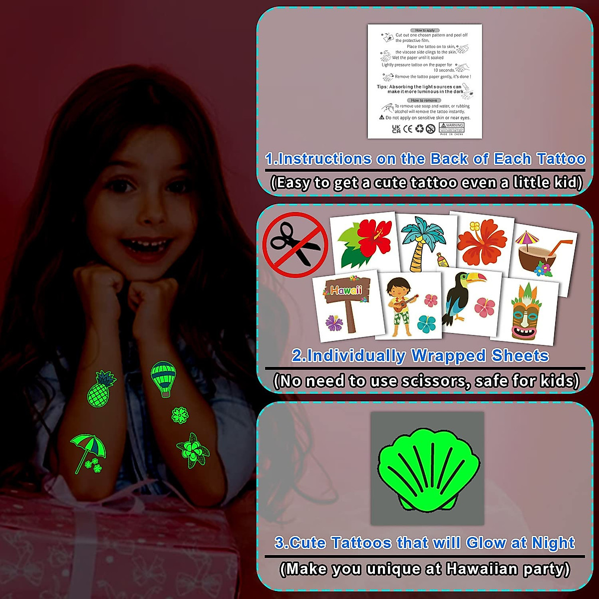 Partywind 204 Styles Luminous Hawaiian Party Supplies for Kids, Individually Wrapped Sheets Glow Hawaiian Luau Temporary Tattoos for Boys Girls Goodie Bag Stuffers, Summer Beach Party Decorations