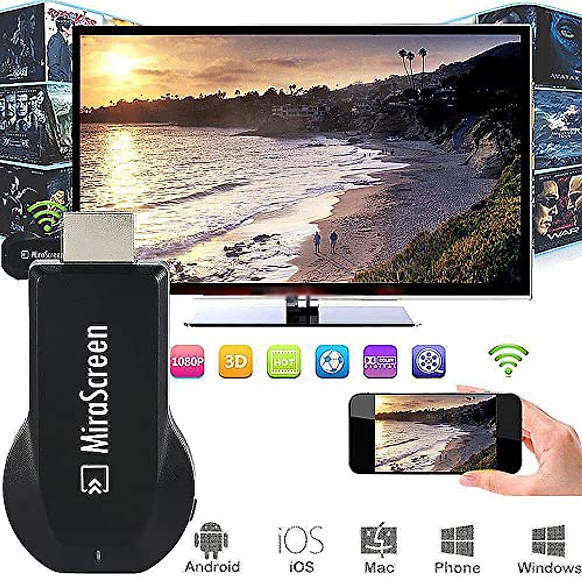MiraScreen Wireless Display Receiver Mobile Screen Cast Dongle 1080P HDMI AV Adapter Cable for Connect Samsung Galaxy S6 S7 S8 Plus Note 8/5/4/3 iOS Apple iPhone iPad Tablet PC to HD TV (Black)