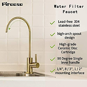 Pirooso Brushed Brass Water Filter Faucet, Drinking Water Faucet, 360° Swivel Kitchen Sink Water Filter Faucet, Fits Most Reverse Osmosis Units or Under Sink Water Filtration System, Brushed Gold