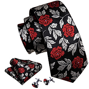 Barry.Wang Men's Classic Floral Necktie Set,Black Red,One Size