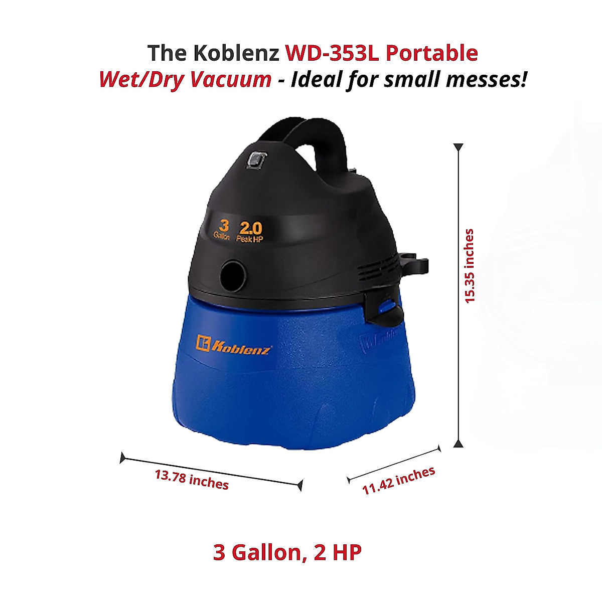 Koblenz WD-353L Portable Wet-Dry Vacuum, 3 Gallon 2.0 HP, 5 Year Warranty, Blue, Black