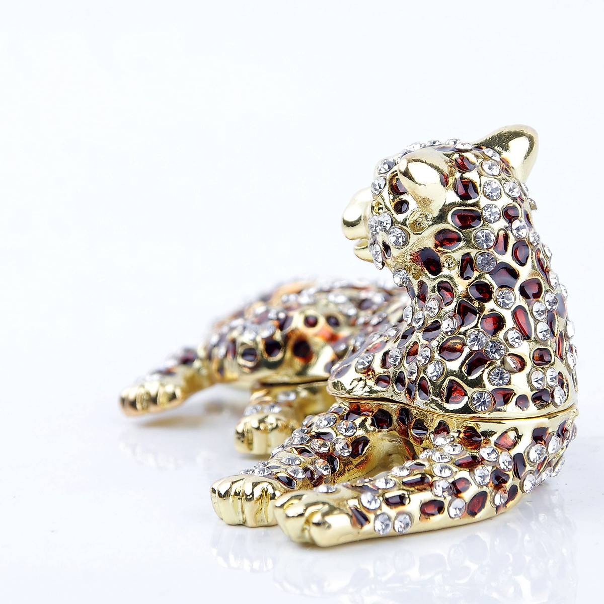 SEVENBEES 24K Golden Leopard Jewelry Trinket Boxes Hinged Hand Painted Enameled Leopard Figurine Gift