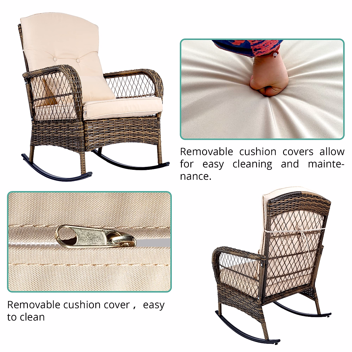 IBITION 3-Piece Outdoor Rocking Chairs Set of 2， Wicker Patio Furniture Modern Rattan Chair Conversation with Cushions & Glass Table for Garden,Backyard, Bistro(Khaki)