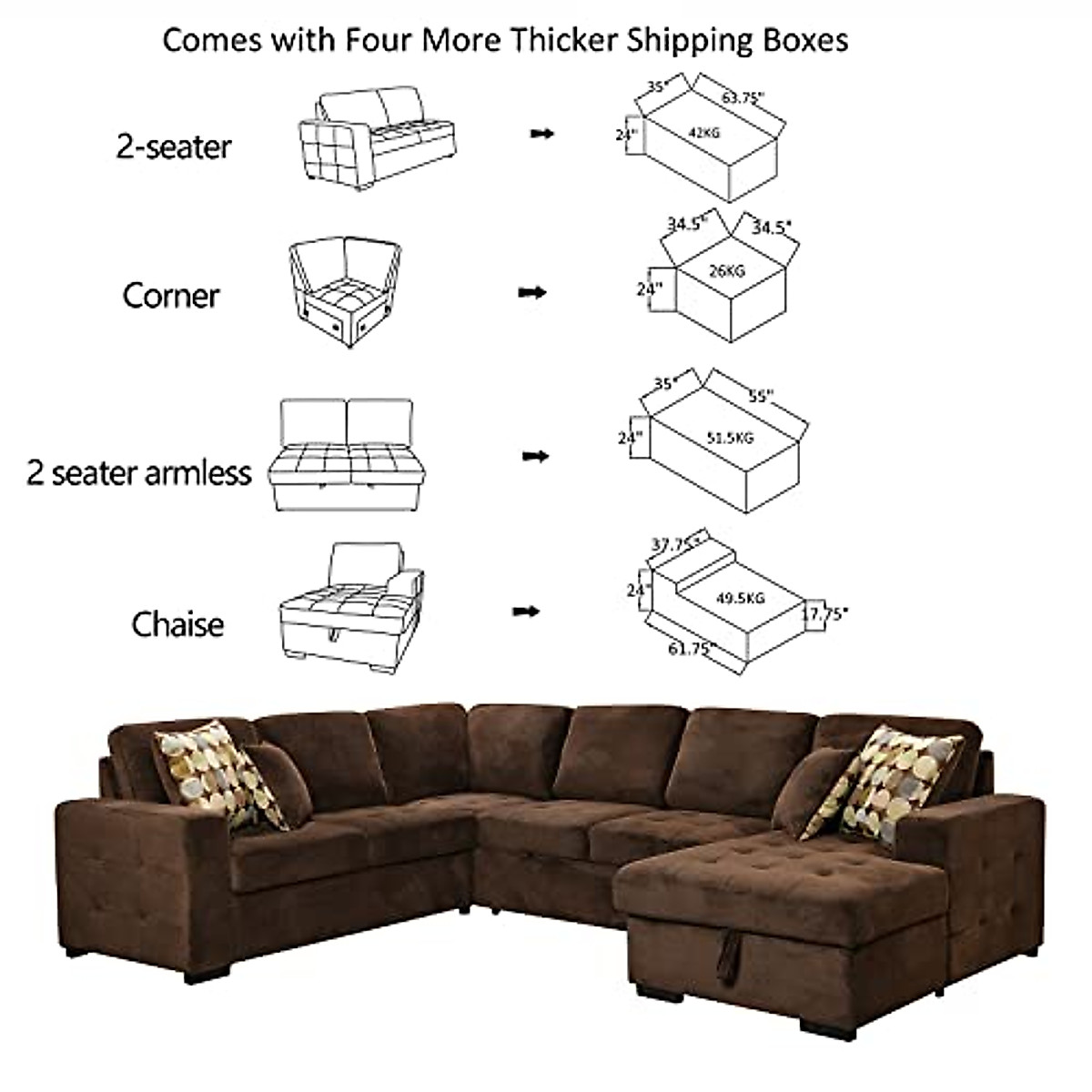 THSUPER Sectional Sleeper Sofa with Pull Out Bed, Oversized Sectional Couch with Storage Chaise U Shape Sleeper Sectional Sofa Bed for Living Room, Fabric Dark Brown