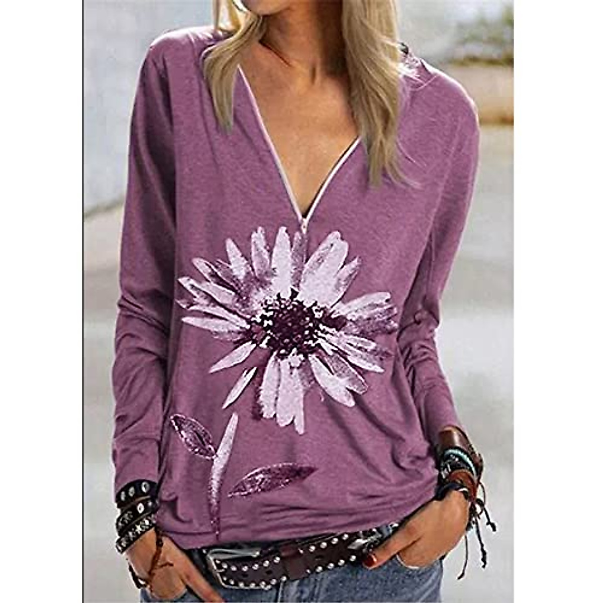 Mayntop Womens Tops Shirt Long Sleeve Big Flower Daisy Graphic Print Pattern Boho V-Neck Zipper Plus Size Loose Blouse(H Purple,M)