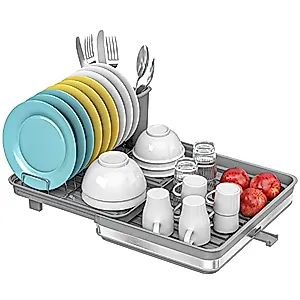 OROPY Dish Drying Rack Expandable Dish Rack, Large Dish Drainer with Utensil Holder, Stainless Steel Dish Drain for Kitchen Counter