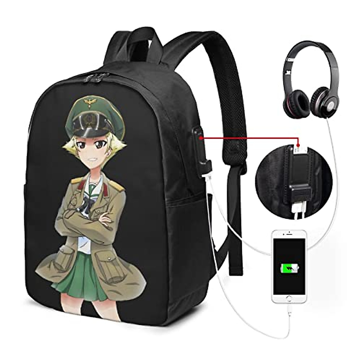 Girls und Panzer 17 Inch Laptop Backpack Unisex Travel Backpack with USB Charging Port Bookbag Daypack