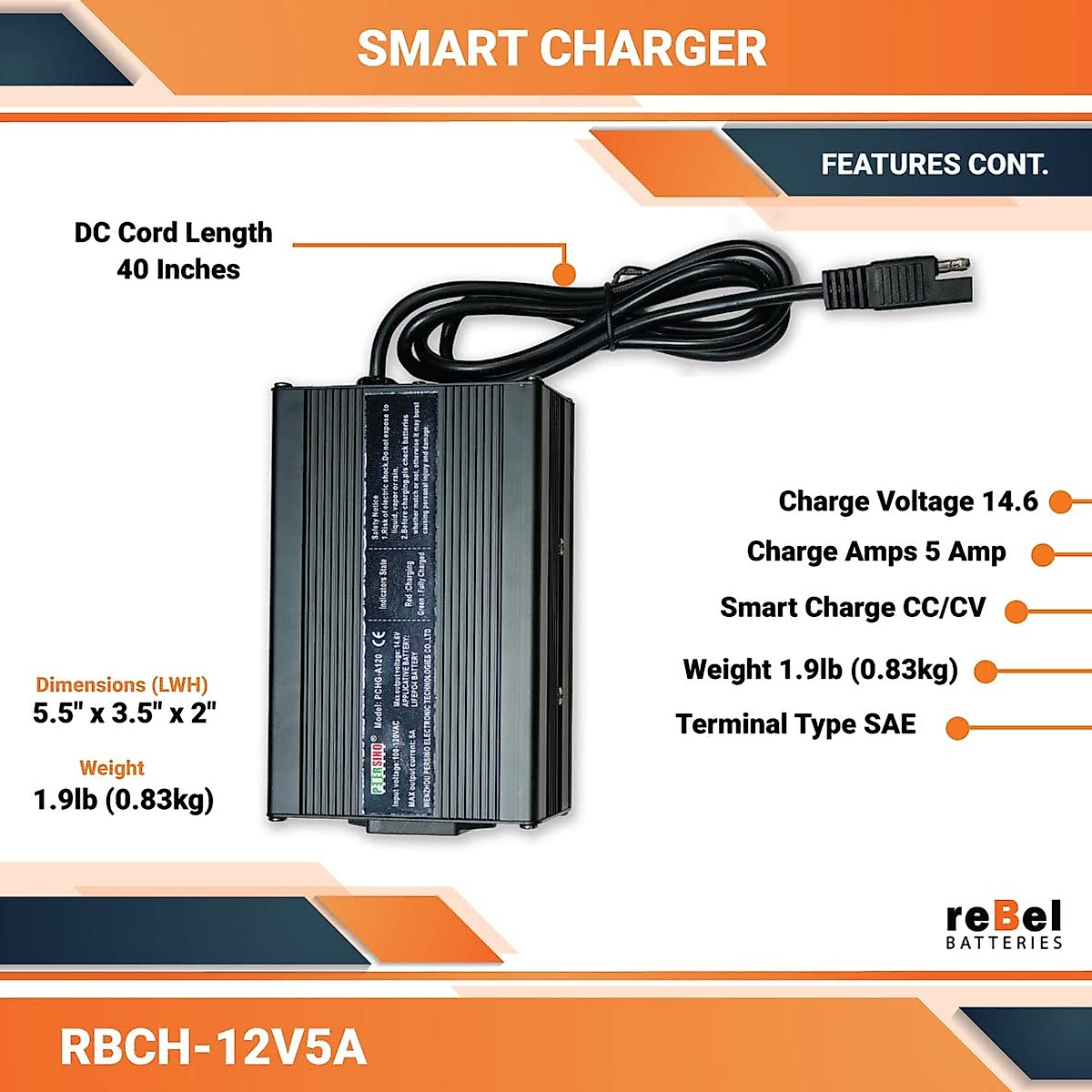 reBel Batteries - 12V LiFePO4 Charger 5 Amp Intelligent Chip CC/CV Multistage Lithium Battery Charger Ring Terminals Plus Alligator Clips