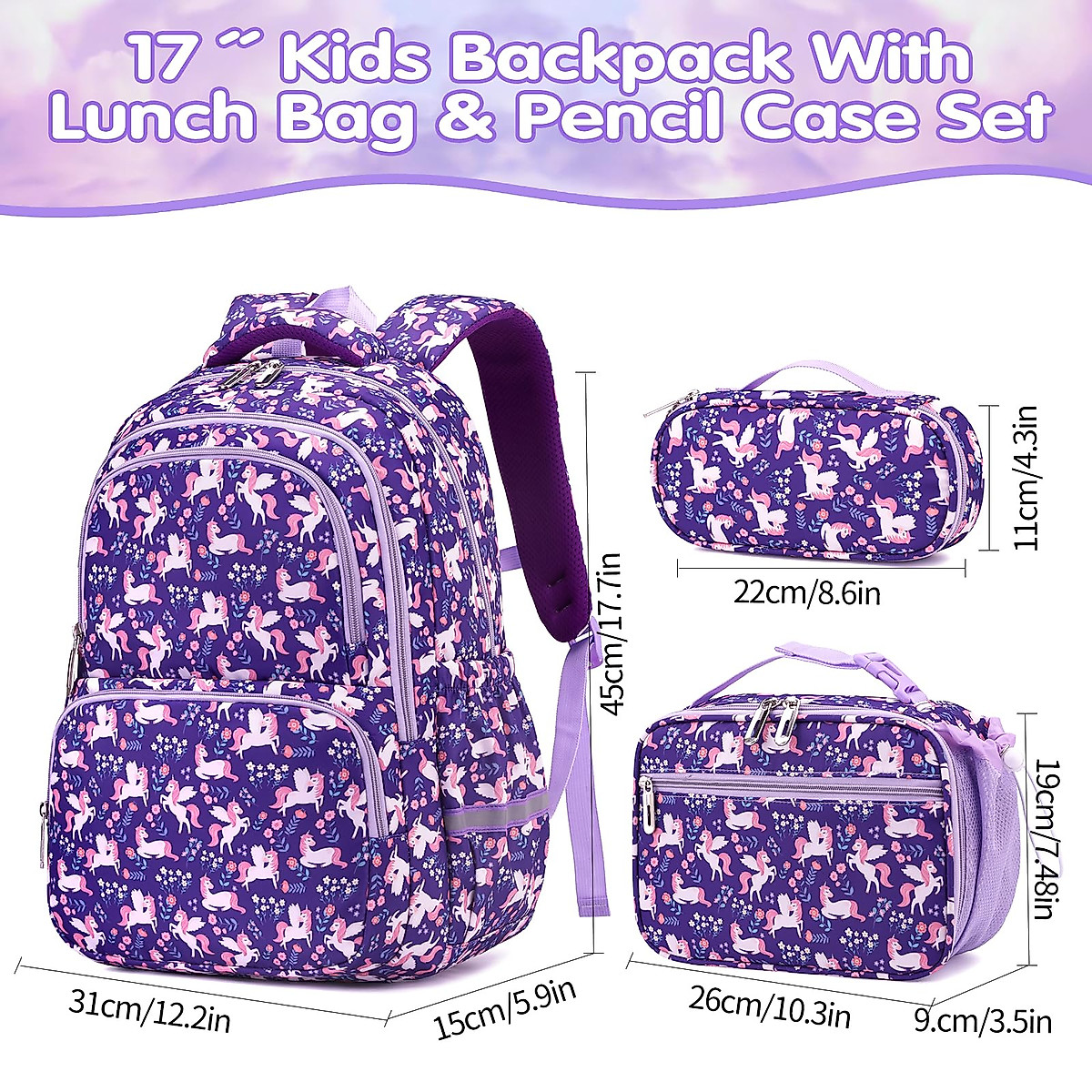 School Backpack Kids Set Middle Elementary Preschool Kindergarten with Lunch Bag & Pencil Case Bookbags for Boys Girls Teen (Unicorn-Navy Blue)
