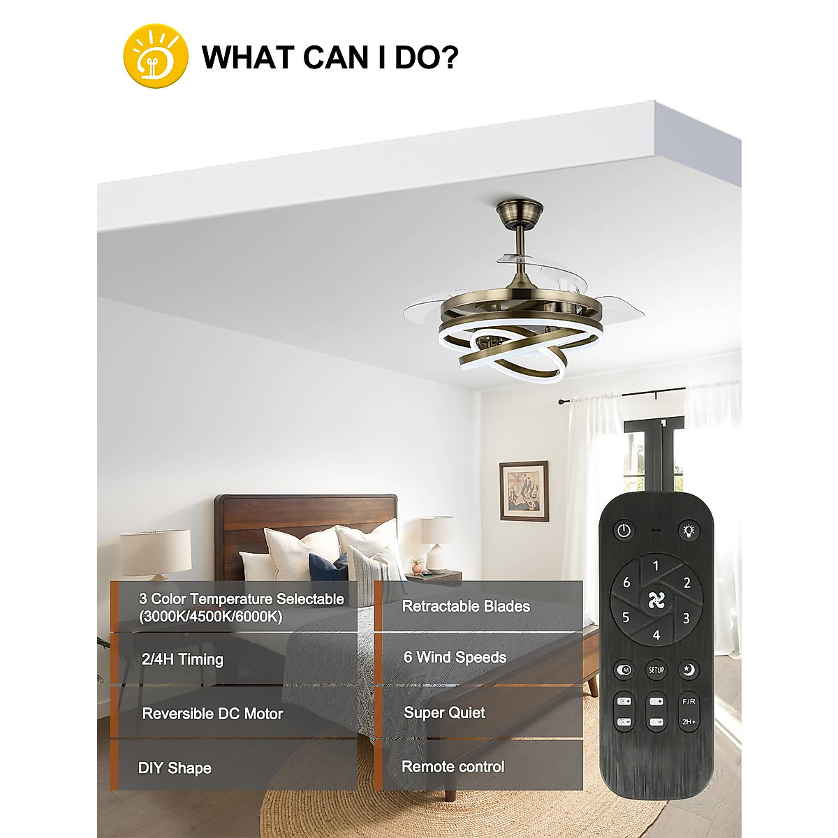 Dawn Whisper 42 Inch Retractable Ceiling Fan, Modern Ceiling Fans with Lights and Remote, Silent DC Motor, 6 Speed,Color Changing, Bronze Retractable Ceiling Fan with Lights for Kitchen