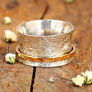 Boho-Magic 925 Sterling Silver Spinner Ring for Women with Brass Fidget Ring Flowers Band (10)
