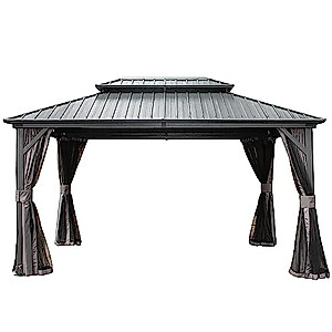 Goohome Hardtop Gazebo 10 x12FT, Aluminum Frame Double Roof Gazebo with Mosquito Net and Curtains, Steel Hard Top Waterproof Pergola for Shade and Rain for Lawn, Backyard, Deck, Patio