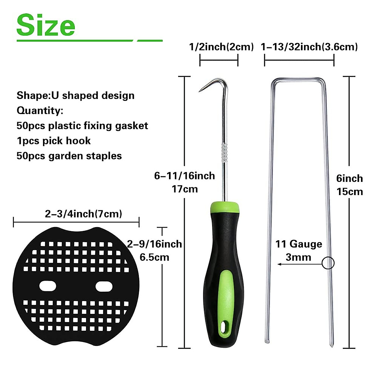 50Pcs Garden Stakes Staples + 50Pcs Gasket, Bakulyor 6 Inch Lawn Landscape Staples 11 Gauge U Shaped Galvanized Landscape Pins, Heavy Duty Yard Ground Pin for Weed Barrier Sod Fabric Decorations - 6"