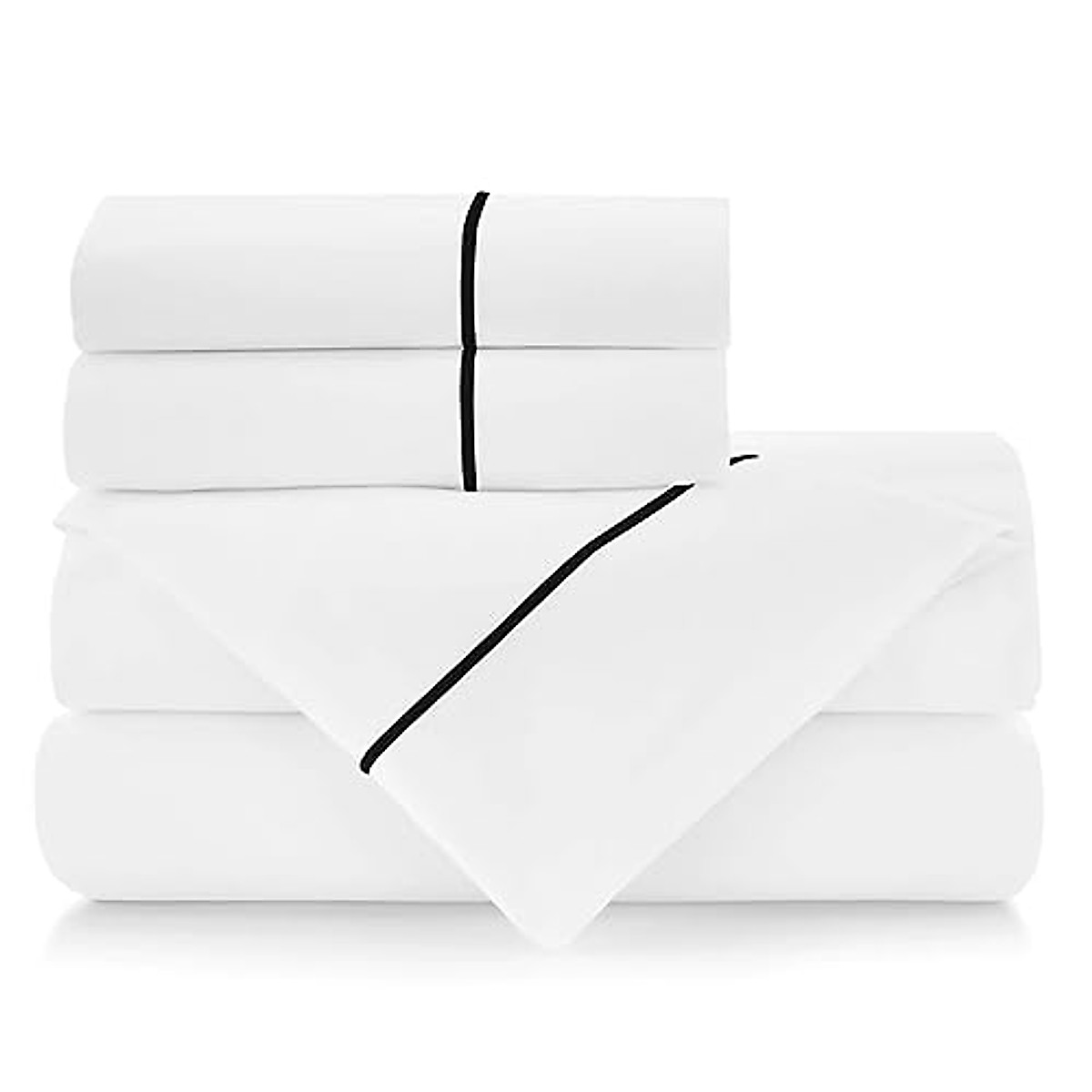 BEDLAM 100% Cotton Sheets - Hotel Style, Luxurious, 500 TC White Cotton Sheets with a Beautiful Black Trim - 6pcs Bed Sheets Set, Includes 4 Cotton Pillowcases - Queen Size Sateen Cotton Sheet Set