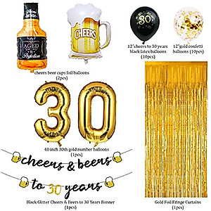 30th Birthday Decorations for Him, 30 Years Birthday Decorations with 40 Inch Gold Number Balloons, Banner, 30 Sign Latex Balloon, Fringe Curtains and Cups Foil Balloons