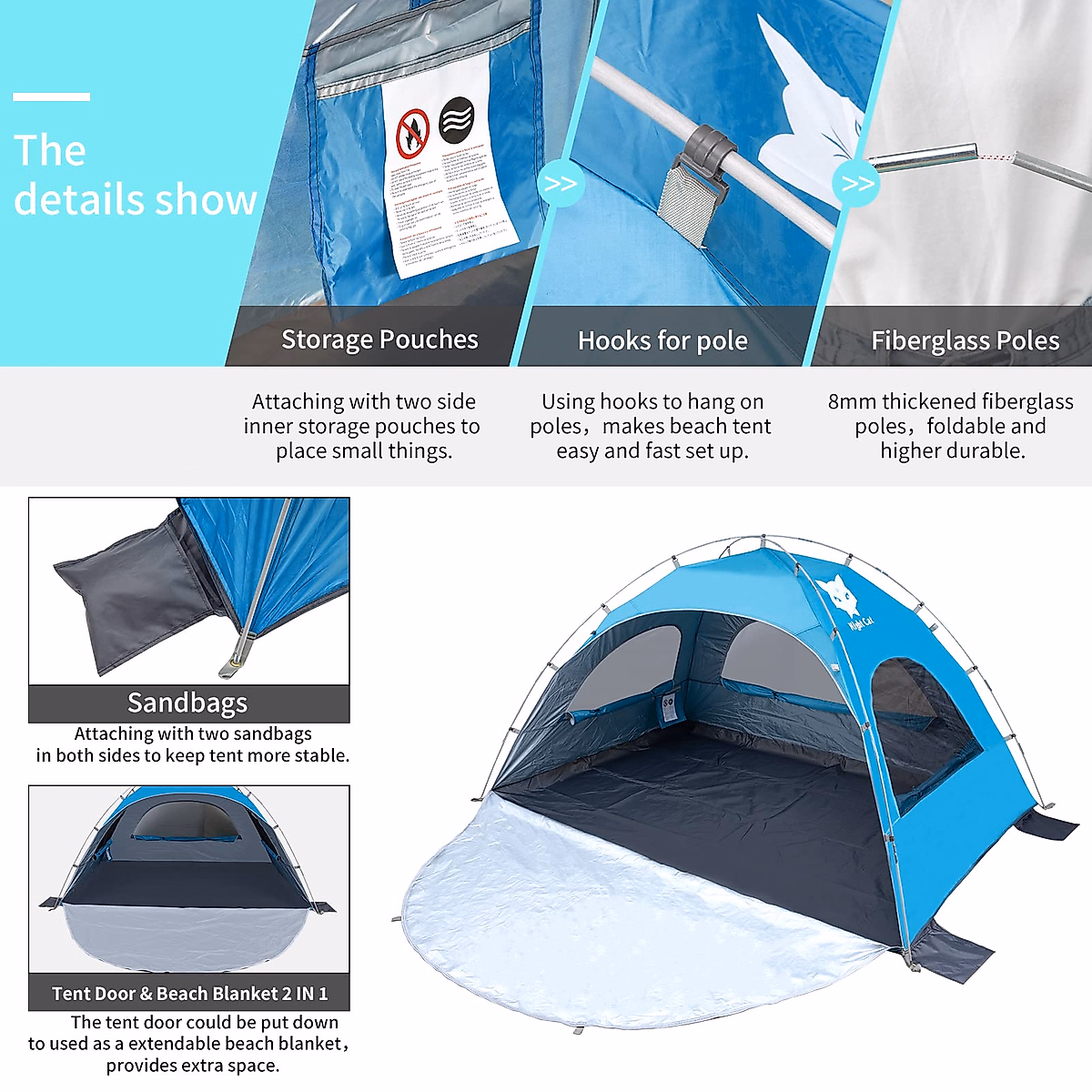 Night Cat Beach Tent Portable Camping Sun Shade Shelter for 2-4 Persons with UV Protection 3 Breathable Mesh Windows Extended Tent Floor Easy Set Up Outdoor