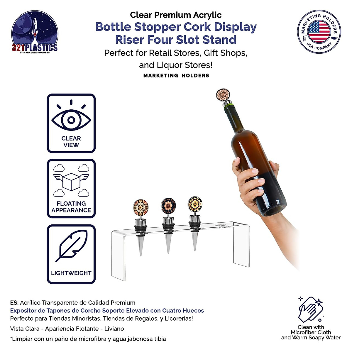 Marketing Holders Wine Bottle Topper Display Stand 4 Slot Rack .75 Inch Wide Holes Stand Premium Clear Acrylic 9.75 Inch Wide by 2 Inch Deep Showcase Your Collection