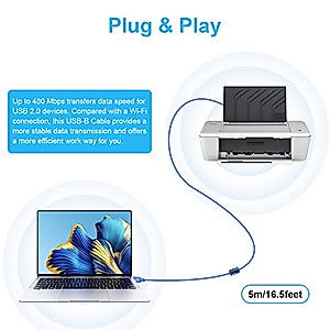 Arzweyk 16.5FT USB 2.0 Print Cable, Blue Print Data Cord A Male to B Male High-Speed Compatible with HP, Canon, Dell, Epson Printer