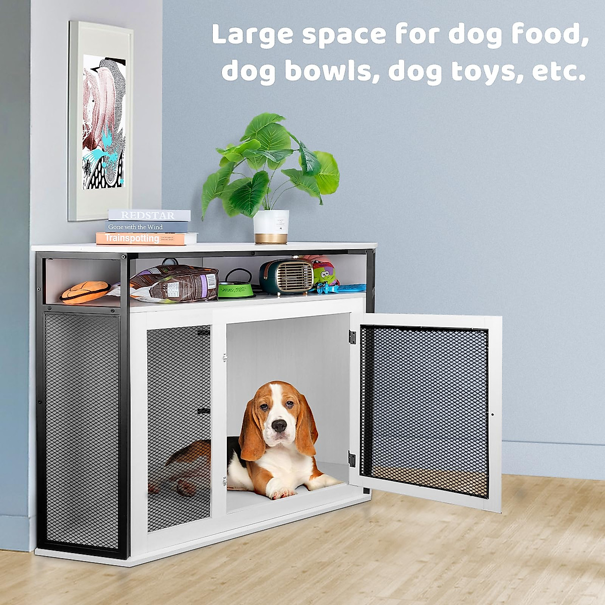 Dreamania Corner Dog Crate Furniture with Storage, 51.3" Upgraded Modern Dog Cage, End Table, Indoor Pet Crate Small Medium Large Dogs, White, Perfect for Limited Room