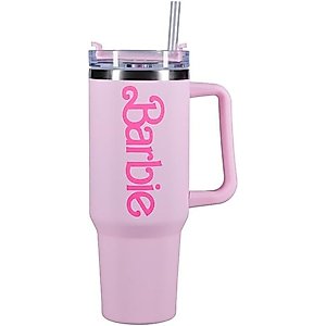 Paladone Barbie Official Licensed Pink Logo H2O Bottle, Quencher Stainless Steel Vacuum Insulated Tumbler with Lid and Straw for Water, Iced Tea or Coffee