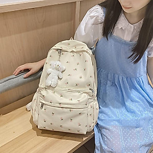 ZHHUIZ Kawaii Backpack Flower Backpack with Bear Pendant, Aesthetic School Bag Bookbag Japanese Ita Bags Cute Daypack (White), One Size