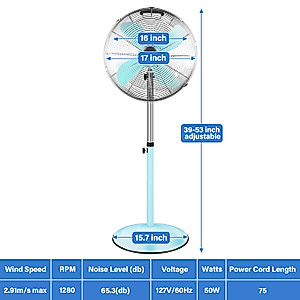 InfiniPower 16 Inch High Velocity Stand Fan, Adjustable Heights, 75°Oscillating, Quality Made Fan with 3 Settings Speeds, Heavy Duty Metal for Industrial, Commercial, Residential, Color: Green