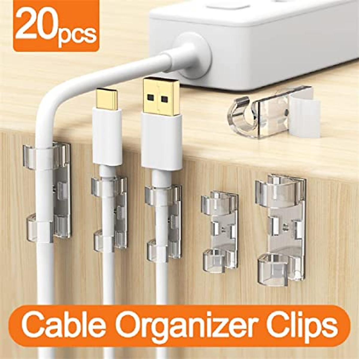 20pcs Adhesive Cable Clips Clear Wire Holders Cord Clips for Wall, Strong Cord Organizer Cable Management Under Desk, Car, Christmas Light Clips Indoor & Outdoor Stick