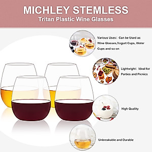 MICHLEY 18oz Red White Stemless Wine Glasses Tritan Plastic-Shatterproof Drinking Tumbler, Dishwasher Safe Drinkware for Parties Camping, Set of 4