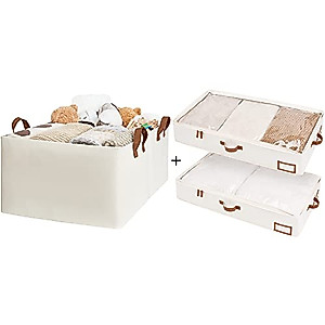 StorageWorks 45L Extra Large Fabric Storage Bins with PU Handles 2-pack, Underbed Storage Box, Under Bed Clothes Organize 2-pack