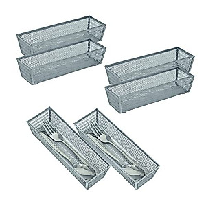 Neudeco Mesh Drawer Organizer, Silverware Organizer for Kitchen Drawer?Utensil Metal Organizer for Flatware, Knives, Cosmetic (Silver 9 * 3 * 2 inch Pack6)