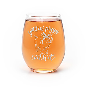 Getting Piggy With It Bandana Stemless Wine Glass - Farmhouse Gift, Pig Gift, Country Gift, Farmhouse Wine Glass, Pig Wine Glass