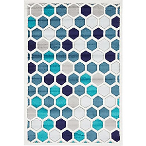 Unique Loom Metro Collection Abstract Multicolored Geometric Hexagon Area Rug, 4 ft x 6 ft, Ivory/Blue