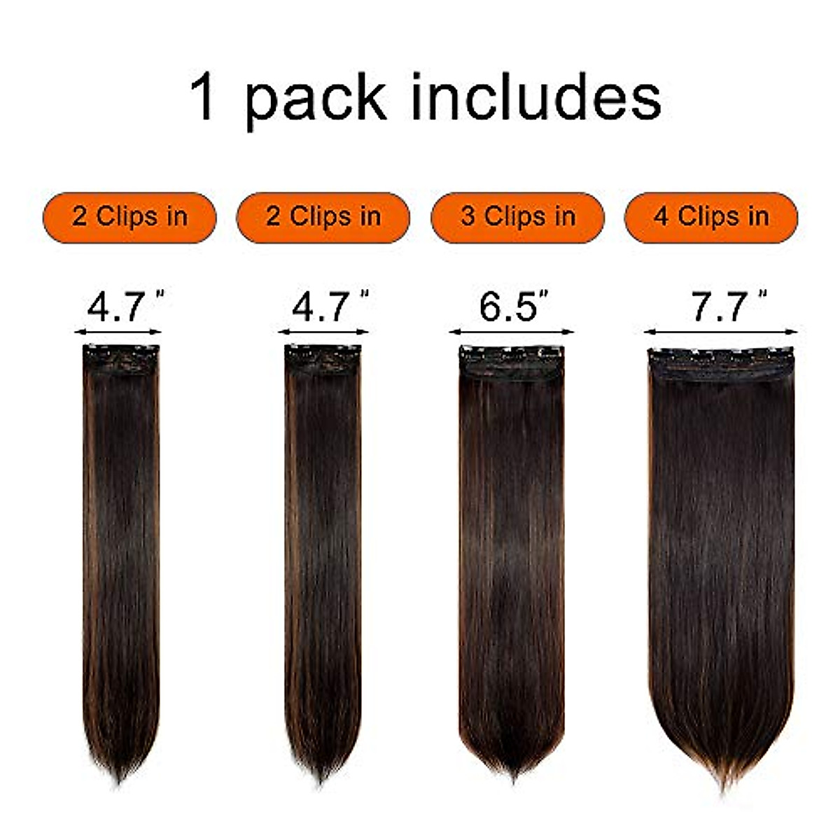 LELINTA 24" Straight Long 4 PCS Set Thick Clip in on Synthetic Hair Extensions Hairpieces for Women Dark Brown Mix Light Auburn