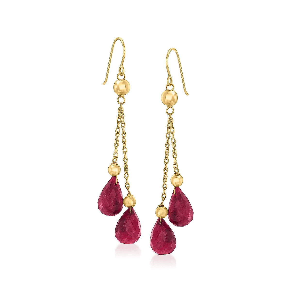 Ross-Simons 15.00 ct. t.w. Ruby and Bead Double Drop Earrings in 14kt Yellow Gold