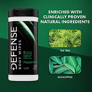 Defense Soap All Natural Peppermint Body Wipes 2PK with Tea Tree Oil | Wrestling, Combat, Camping, Gym, Post Workout Shower Wipes for Men and Women. 40 Count (Pack of 2)