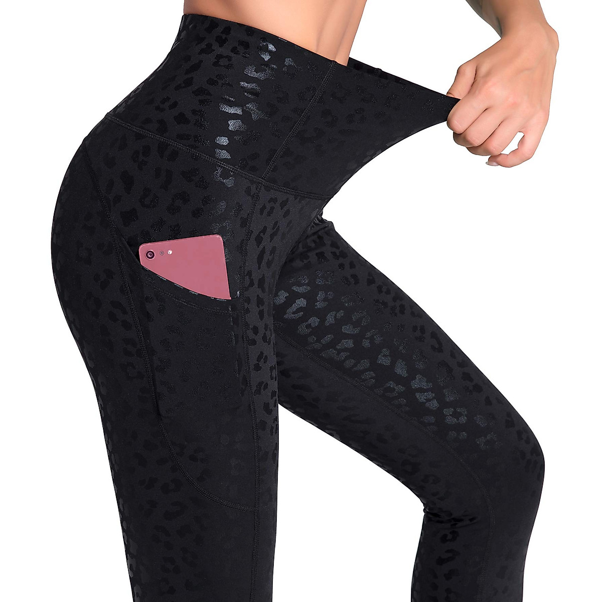 Dragon Fit High Waist Yoga Leggings with 3 Pockets,Tummy Control Workout Running 4 Way Stretch Yoga Pants (Medium, Black Leopard)